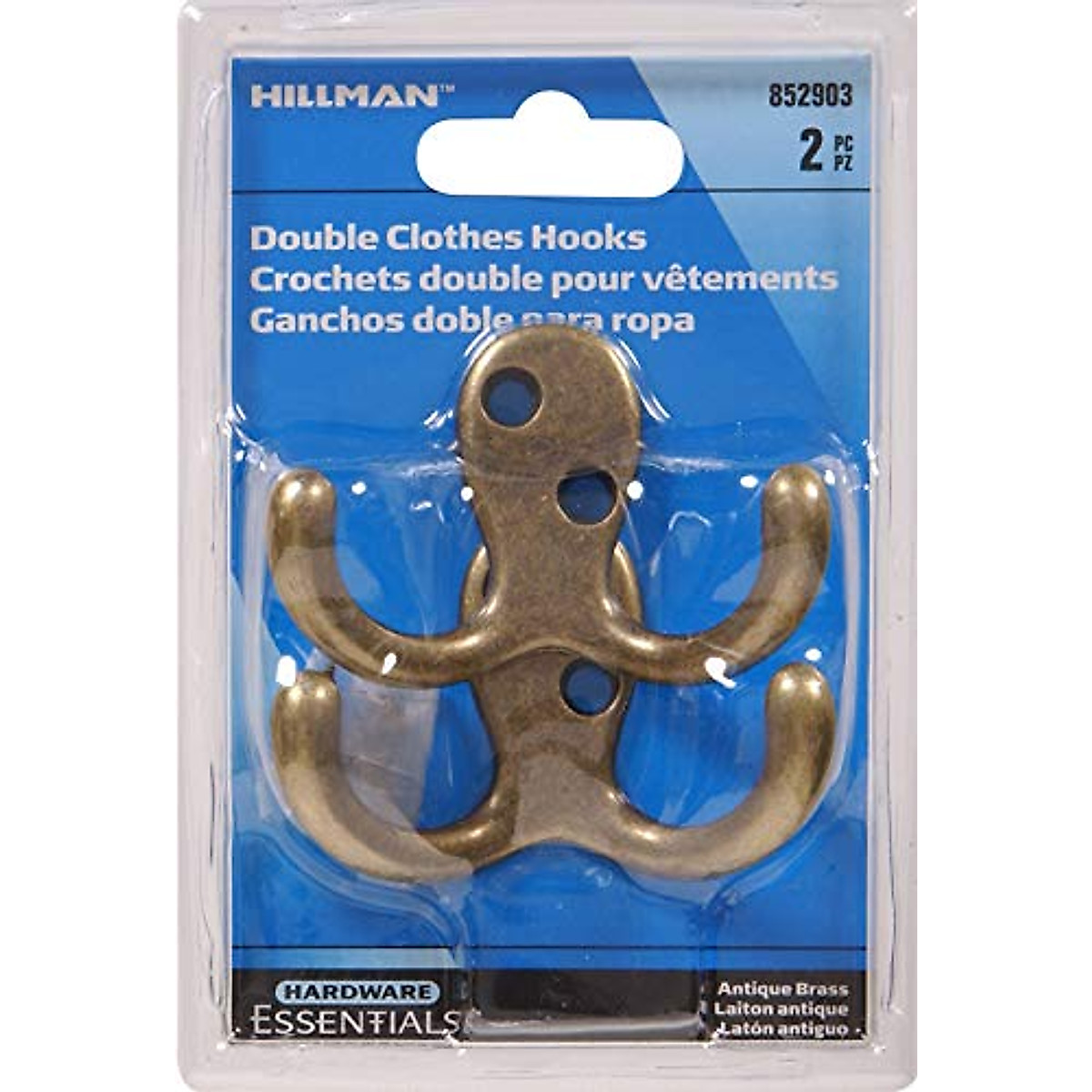 Hardware Essentials 852903 Double Clothes Hooks Antique Brass - 2 Pack