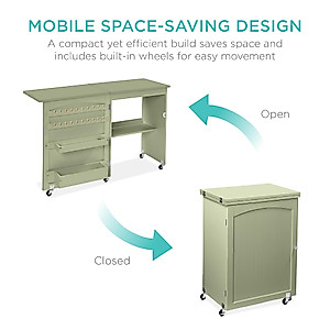Best Choice Products Folding Sewing Table Multipurpose Craft Station & Side Desk with Compact Design, Wheels, Shelves, Storage Trays, Pegs, Magnetic Doors, Metal Doorknobs - Light Green