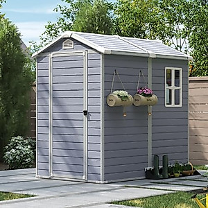 Aoxun 6x4FT Resin Outdoor Storage Shed with Floor, Plastic Garden Shed with Lockable Door and Window, Tools House to Store Patio Furniture, Bike Accessories, Garbage Can and Lawn Mower - Grey