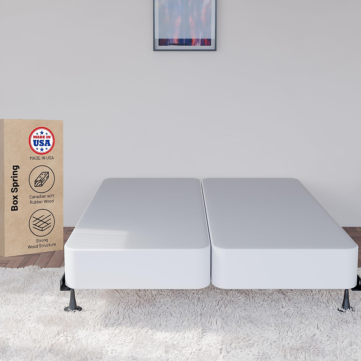 Greaton, 4-Inch Sturdy Box Spring for Mattress Support-Durable and Fully Assembled, Natural Wood Foundation for Queen, White