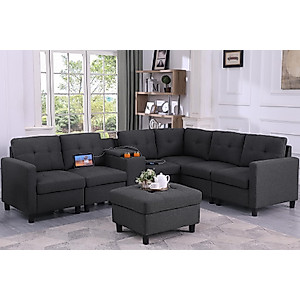 asunflower Sectional Sofa Ottoman Set Modular Couch with Console Cup Holder,6 Seater Modern Sectional Couches for Livning Room Corner L Shape Fabric Sofa Couch with Charge Ports, Dark Grey