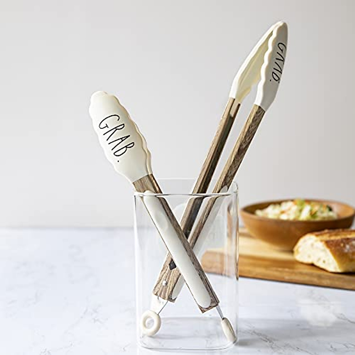 Rae Dunn Everyday Collection Stainless Steel, Beechwood - Silicone Tipped Kitchen Food BBQ and Cooking Tongs Set of Two, Non Stick Cookware, BPA Fee, Grill Tongs (White)