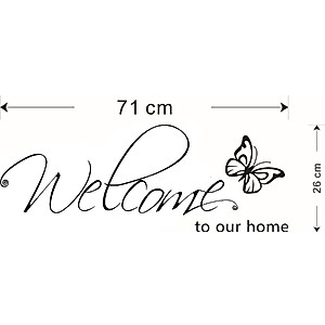 BIBITIME Flying Black Butterfly Saying Welcome to Our Home Front Door Sign Decal Vinyl Letters Quotes Stickers for Christmas Living Room Porch Garden,DIY 27.95" x 10.23"