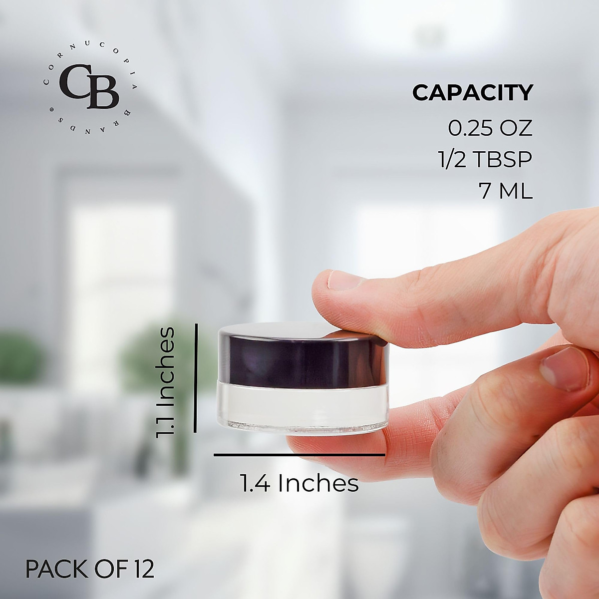 Cornucopia Brands 7-Milliliter Clear Glass Balm Jars (12-Pack); 1/4 oz Cosmetic Jars w/Lined Black Plastic Lids