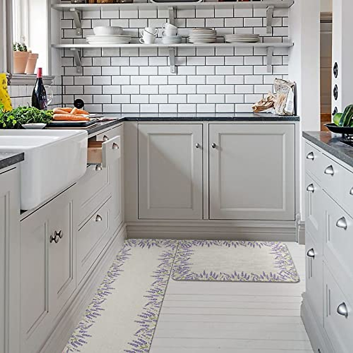 Sabolny Lavender Kitchen Runner Rug Mat, Bath Shower Bathtub Welcome Door Floor Mat, Summer Spring Country Purple Flower Washable Indoor Outdoor Throw Entry Area Rug Doormat 24x35+24x71