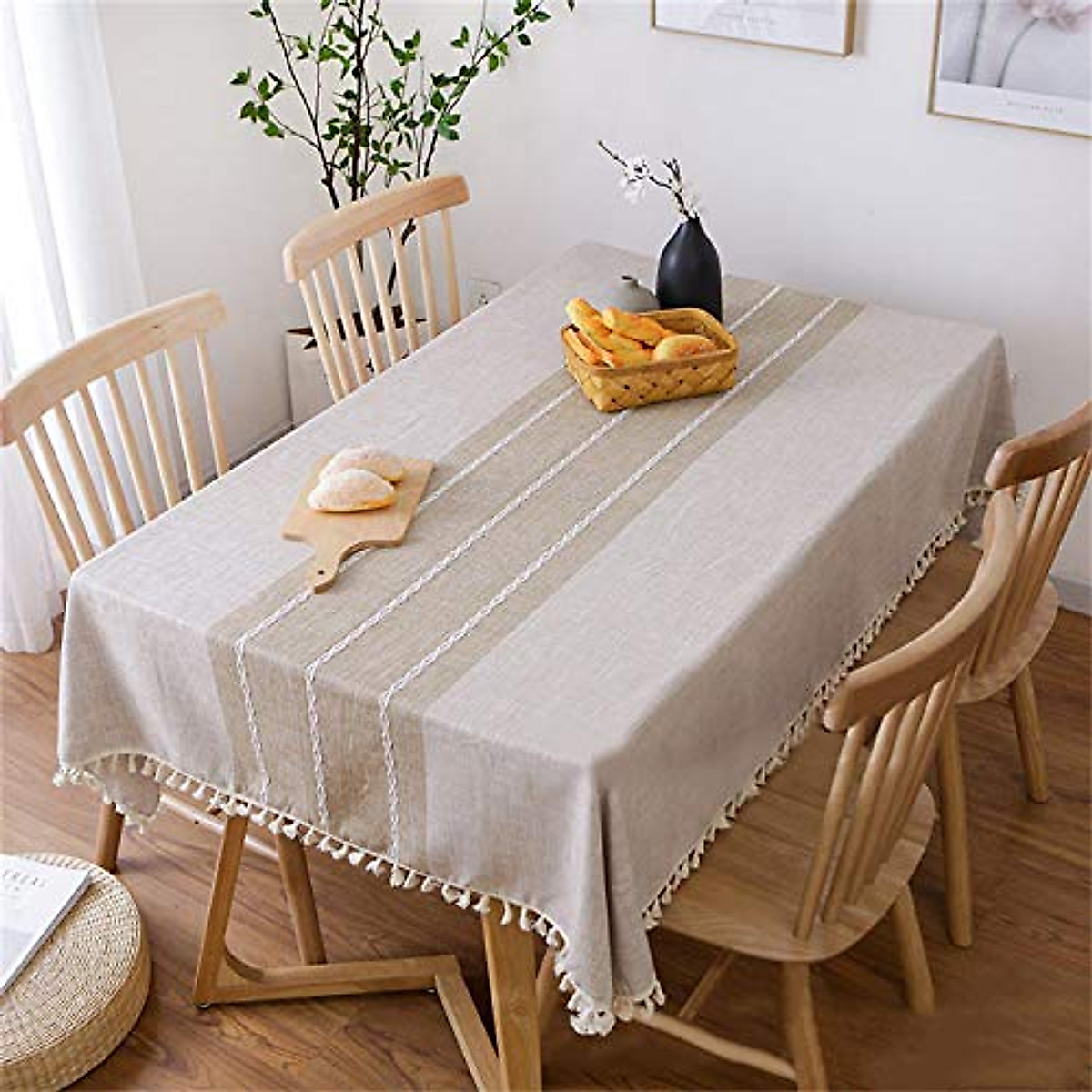 Vonabem Table Cloth Tassel Cotton Linen Table Cover for Kitchen Dinning Wrinkle Free Tablecloths Rectangle/Oblong (58''x86'', 6-8 Seats, Coffee)