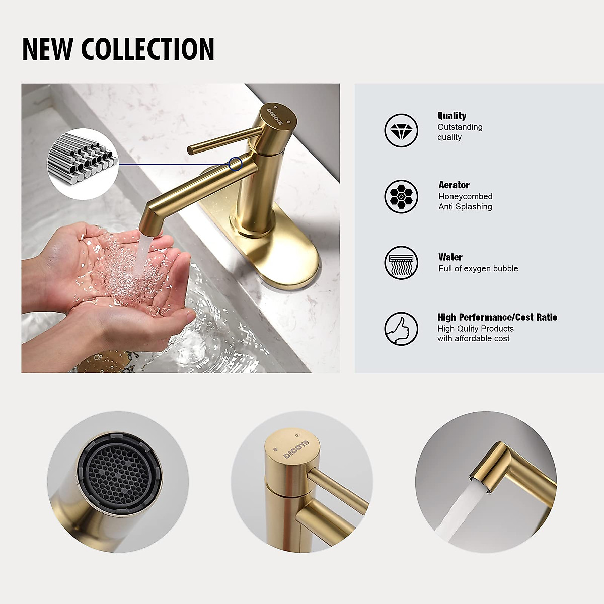 Brushed Gold Bathroom Faucet with Plastic Pop Up Drain, 6.25'' Metal Escutcheon and Supply Lines, Single Handle Stainless Basin Mixer Tap, Modern Bathroom Sink Faucet for 1 or 3 Hole Vanity Sink