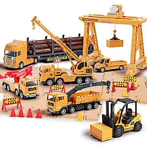 iPlay, iLearn Construction Truck Toy Set, Cargo Transport Vehicles Site Playset, Gantry Crane, Trailer, Logging, Pickup Tow Trucks, Forklift, Birthday Gift for 3 4 5 Year Olds Boys Kid Toddler Child