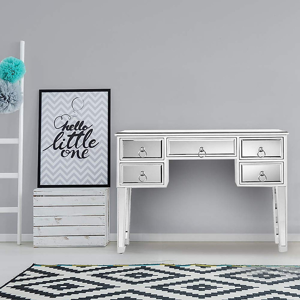 Henf Mirrored Makeup Vanity Table Desk,Mirrored Console Table, 5 Drawers Media Console Table for Women Home Office Writing Desk Smooth Finish