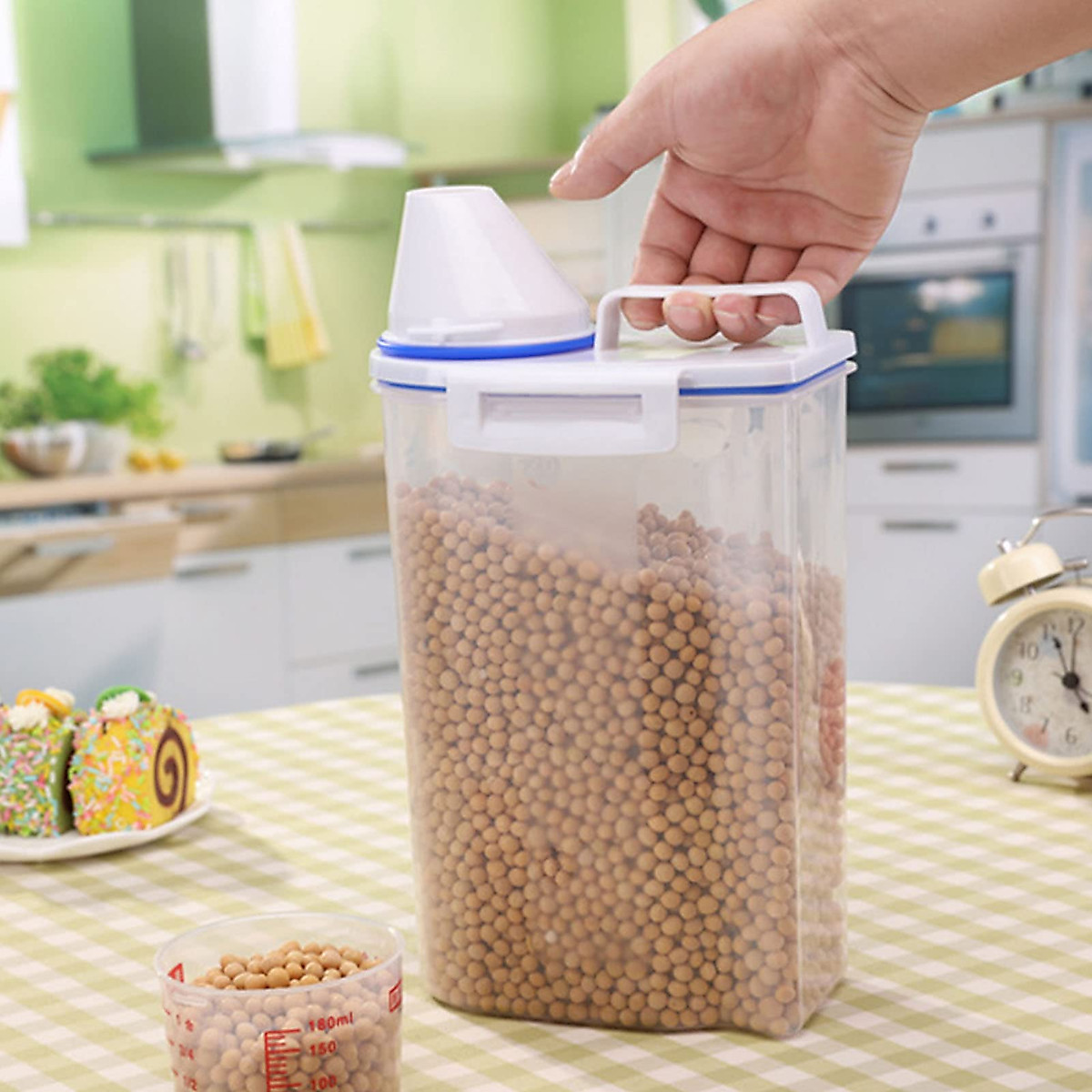 Rice Storage Container 2kg Dry Food Airtight Cereal Container with Measuring Cup Lid, BPA-Free Plastic Transparent Bulk Grain Dispenser Box for Oatmeal, Flour, Nuts