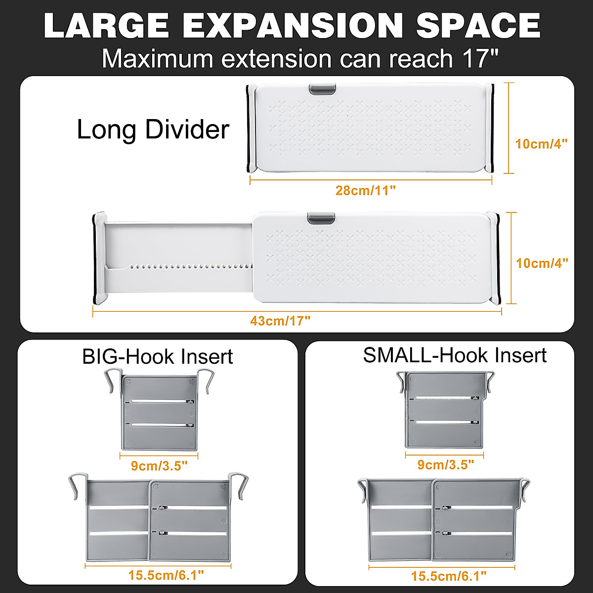 HsmQuvrent 5Pack Adjustable Drawer Dividers with Inserts 4" high Drawer Organizer for Clothes, Expandable Dresser Separators in Bedroom Bathroom Kitchen Fridge Office and Storage(11-17")