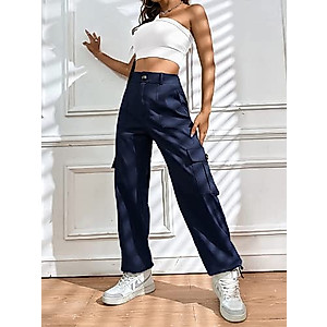 Ailsi Womens Black Casual Cargo Baggy Pants Women High Waisted Work Travel Tactical Pants with Pockets(X-Large,Navy Blue)