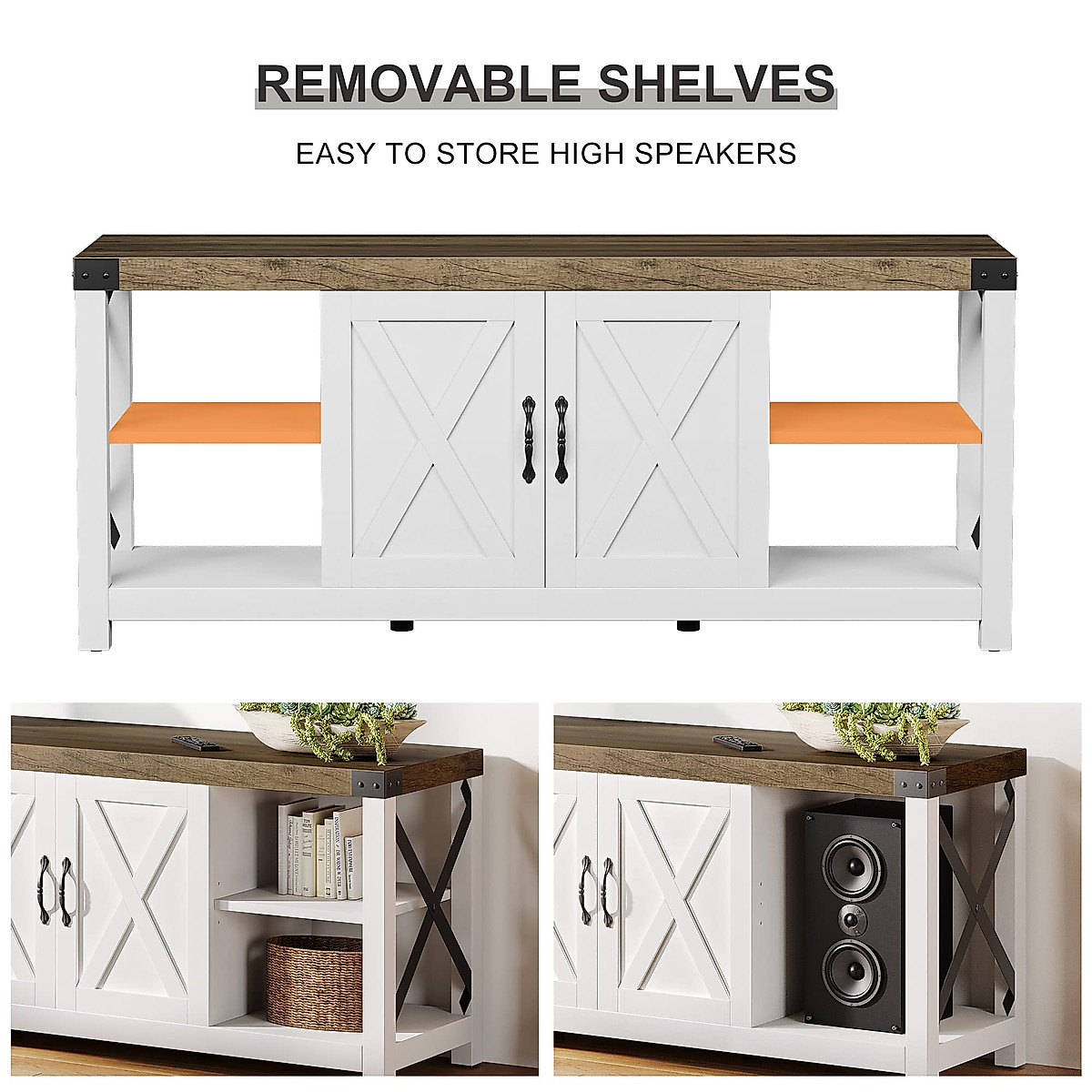 58 Inch TV Stand for TV up to 50 60 65 Inches, Farmhouse Wood TV Cabinet Entertainment Center with Storage and Adjustable Shelves (White)