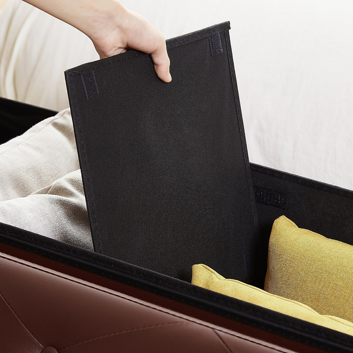 VECELO 43'' Folding Storage Ottoman, End of Bed Bench, Tufted Faux Leather Chest for Living Room, Utility Room, Hallway, Holds up to 660 lb, Easy to Assemble, Black