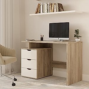 Lavish Home Computer Desk - Contemporary Desk with Attached 3-Drawer File Cabinet - for Home Office, Bedroom, Computer, or Craft Table (White)