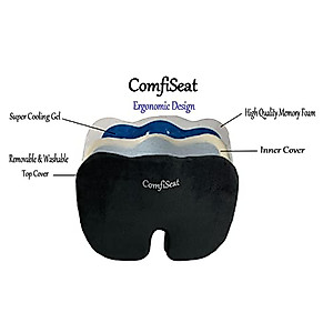 ComfiSeat Seat Cushion, Ergonomic Design with Cooling Gel and Memory Foam for Office/Home, Car and Wheel Chair Seats