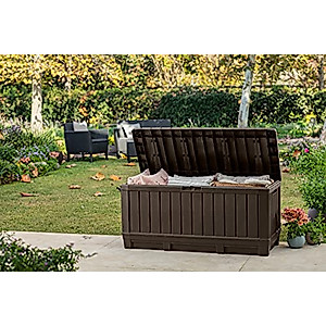 Keter Kentwood 90 Gallon Resin Deck Box-Organization and Storage for Patio Furniture Outdoor Cushions, Throw Pillows, Garden Tools and Pool Toys, Brown