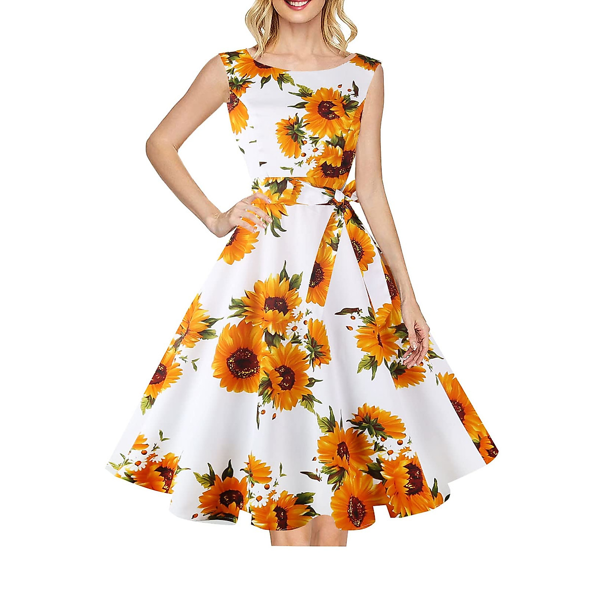 Hanpceirs Women's Boatneck Sleeveless Swing Vintage 1950s Cocktail Dress White Sunflower M New