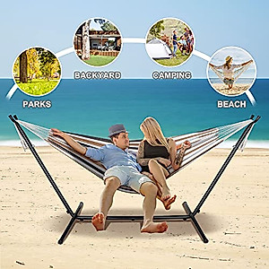SUPER DEAL Portable Hammock with 9FT Space Saving Steel Stand, Double Brazilian Heavy Duty 620lb Capacity 2-Person Hammock with Carrying Case, 6 Optional Hook Positions for Camping Garden Yard Patio