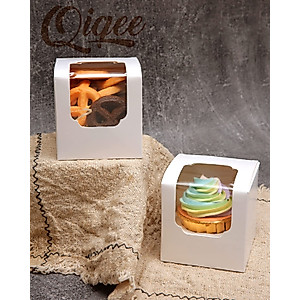 qiqee 100pcs Auto-Popup Mini Cupcake Boxes Individual White 2.5" x 2.5" x 2.5" Single Cupcake Carrier Container for Wedding Favor Birthday ＆ Party（Mini Size）