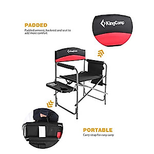 KingCamp Camping Chairs 2 Pack, Heavy Duty Folding Directors Chair Sports Chair Oversized Padded Seats with Side Table Storage Pockets Armrest for Adults, Supports 396 lbs, Red