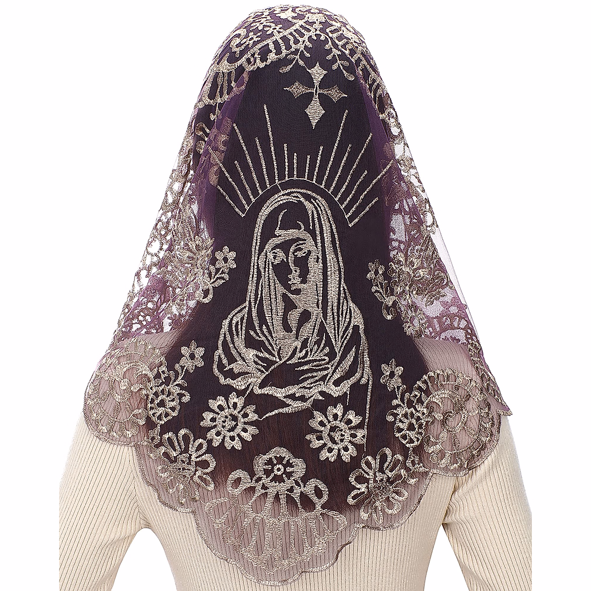 Bozidol Triangle Church Mantilla Veil Catholic Mass Chapel Lace Veil Religious Christian Gift for Women (Purple-Gold)