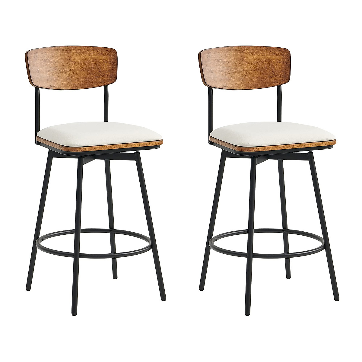 CHITA Swivel Counter Height Bar Stools with Back, Fabric Upholstered Barstools Set of 2, 27" Seat Height, Metal & Wood Frame, Cream