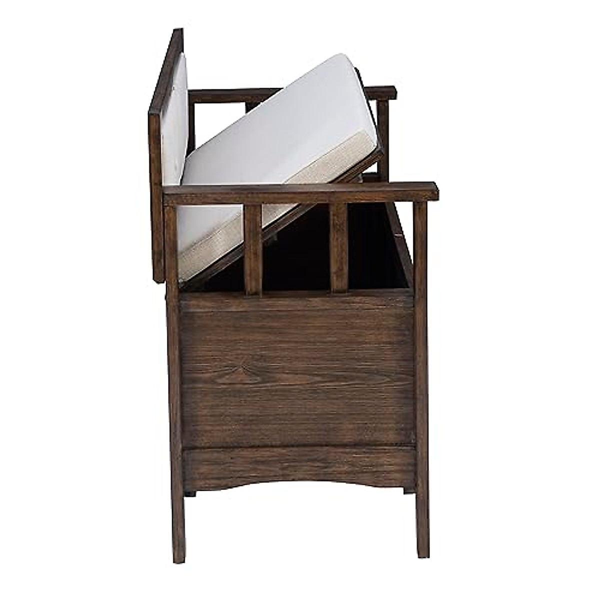 Linon Umber Brown Carlton Rustic Storage Bench with Beige Upholstered Back and Cushioned Seat