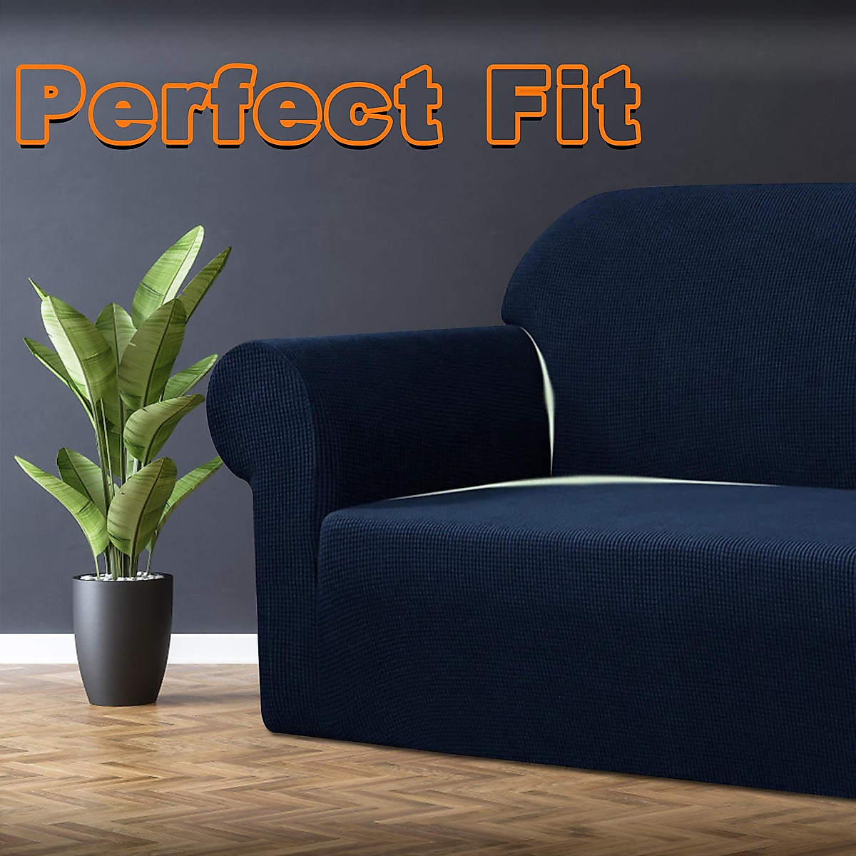 AYLFBFU Waterproof L Shaped Couch Cover Elastic Small Checks Easy Fit, Sofa Slipcovers for 4 Seater with Foam Sticks & Elastic Straps, Couch Set for Kids, Dogs, Pets, Dark Blue