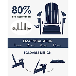 Adiromoti Folding Adirondack Chairs Set of 4, All-Weather Resistant HDPE Patio Firepit Chairs, Sturdy Outside Chairs with Cup Holder, Lawn Chairs, 80% Pre-Installed Load Capacity 385lb, Navy Blue