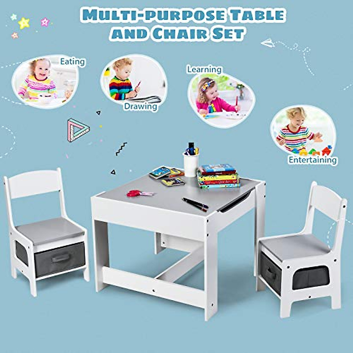 BETTARY 3 in 1 Kids Wood Table & Chair Set, Children Activity Table Set w/Storage Drawer, 3 PCS Wooden Furniture Set w/Detachable Blackboard & Activity Center for Toddlers Drawing Reading (Grey)