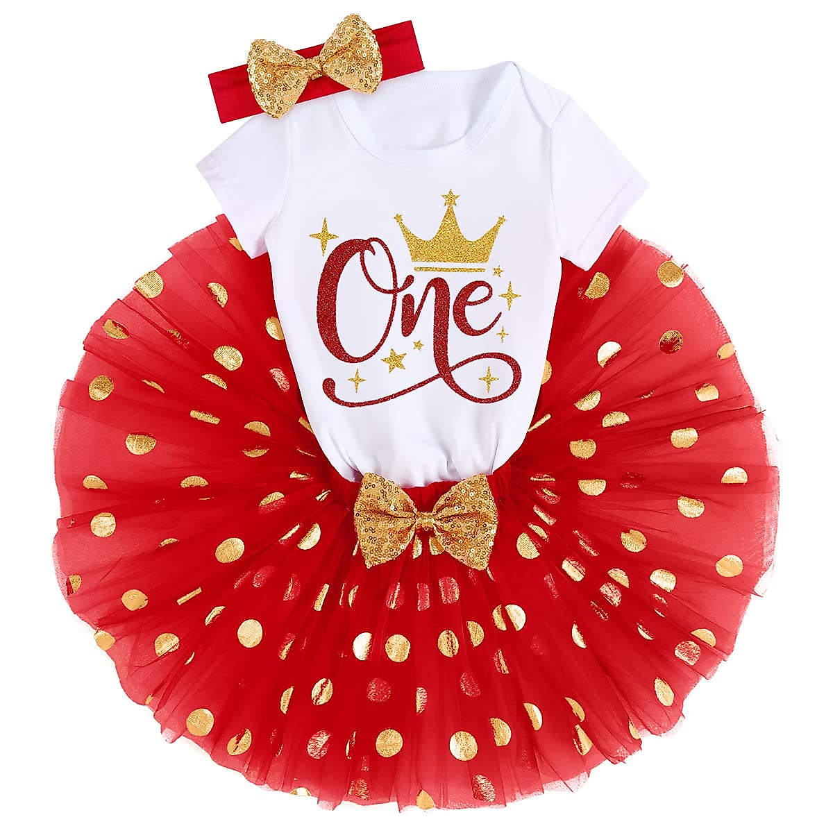 Coming Home outfit for Baby Girl - Mini Mouse Birthday Decorations for Girls 1 Year Old - Wild One Clothes Set for Kids Princess Crown Romper Dress Bowknot Headband 3pcs Outfits Red - one 1T