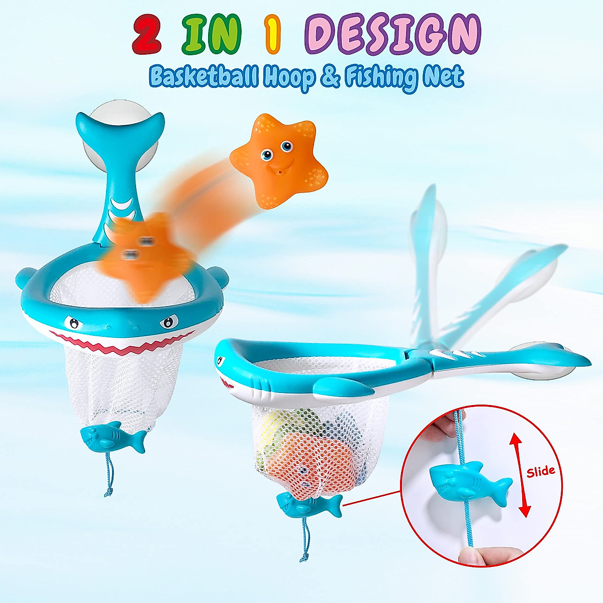 Bath Toys Fishing Game - Wind up Swimming Whales Bathtub Pool Water Table Toys with Fishing Pole Shark Net Floating Squirt Water Toys Gifts for Kids Boys Girls Toddlers Age 3 4 5 6 7 8+