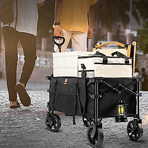 Navatiee Collapsible Folding Wagon, Heavy Duty Utility Beach Wagon Cart with Side Pocket and Brakes, Large Capacity Foldable Grocery Wagon for Garden Sports Outdoor Use, S1