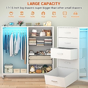 Cyclysio Dresser for Bedroom with Clothes Rack & Mirror, White 5 Drawers Dresser with Charging Station & LED Lights, Rolling Chest of Drawers with Wheels, Full Length Mirror, Wooden Top,Bedroom,Closet
