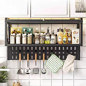 Gdrasuya10 Wall Mounted Kitchen Pantry Storage Kitchen Cabinet, Black Kitchen Cabinet Storage Organizer with Up-Flip Door Metal Kitchen Rack Cabinet Shelf for Dining Room, Kitchen