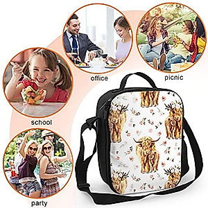 LONGCHUANG Spring Pink Floral Scottish Highland Cow Lunch Bag, Insulated Lunch Box for kids, Durable LunchBox, Tough and Spacious Lunch bag, Waterproof Lunch Container for Kids Adults, One Size