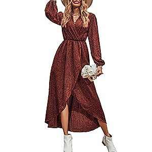 PRETTYGARDEN Women’s Long Sleeve Bohemian Dress V-Neck Floral Print High Split Tie Wrap Midi Flowy Dress (Brown, Large)