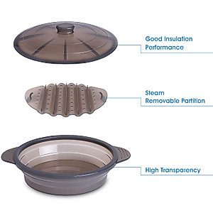 Microwave Steamer Cooker Collapsible Bowl-Silicone Steamer Cookware with Handle Lid for Vegetables Fish Prep Meal Food with Removable Rack BPA Free, Easy to Store, Freezer & Dishwasher Safe, Black