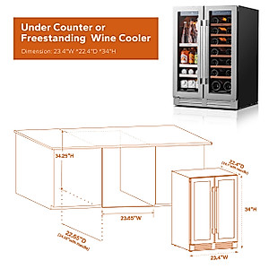 Ca'Lefort Wine and Beverage Refrigerator - 24 inch Dual Zone 60 Cans 20 Bottles Drink Fridge with Glass Door, 3 Color LED Lights Wine Cooler for Beer Soda for Home Office Bar Bedroom