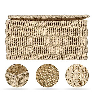 Cabilock 3pcs Drawer Bedroom Wicker Handwoven Vanity Bin Small Organizer Rattan Table Lid Gift Fruit Bathroom Laundry Bread Decorative Square Organizing Straw Flower Paper with Storage