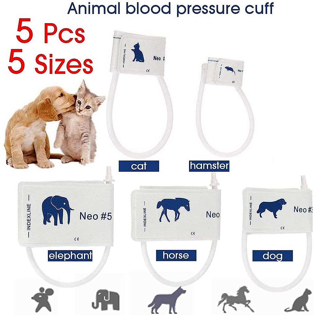 5 Pcs Veterinary Animal Blood Pressure Cuff,5 Different Sizes Disposable Pet Sphygmomanometer Cuff Accessories - Fit Most Veterinary Monitor with 2 Kinds of Interfaces (Mix)