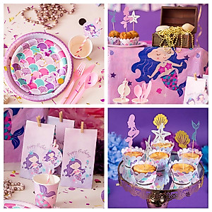 202 Pcs Mermaid Birthday Decorations Serves 16 Guests - Mermaid Party Decorations - Plates, Napkins, Utensils, Goodie Bags, Cupcake Toppers Wrapper and Headband