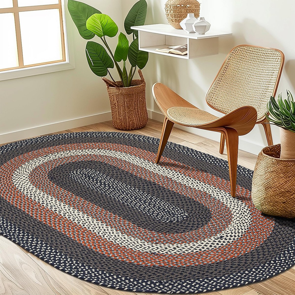 Super Area Rugs Rustic Red/White/Blue Braided Rug for Entryway/Foyer, Washable Navy Indoor Outdoor Braided Rug for Patio/Porch 3' x 5' Oval