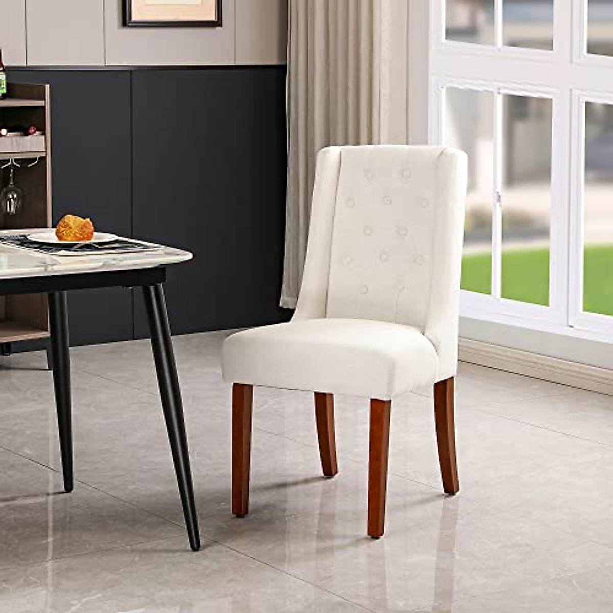 Morhome Upholstered Dining Set of 2 Elegant Tufted Fabric Parsons Chair with Solid Wood Legs, White