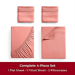 Mellanni Twin Sheet Set - 4-Piece Iconic Collection Bedding, (Including 2 Pillowcases), 16-Inch Deep Pocket, Easy Care, Extra Soft, Cooling Sheets, Brushed Microfiber - Coral