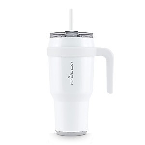 REDUCE Cold1 40 oz Tumbler with Handle - Vacuum Insulated Stainless Steel Water Bottle for Home, Office or Car, Reusable Mug with Straw or Leakproof Flip Lid, Keeps Drinks Cold All Day- Gloss White
