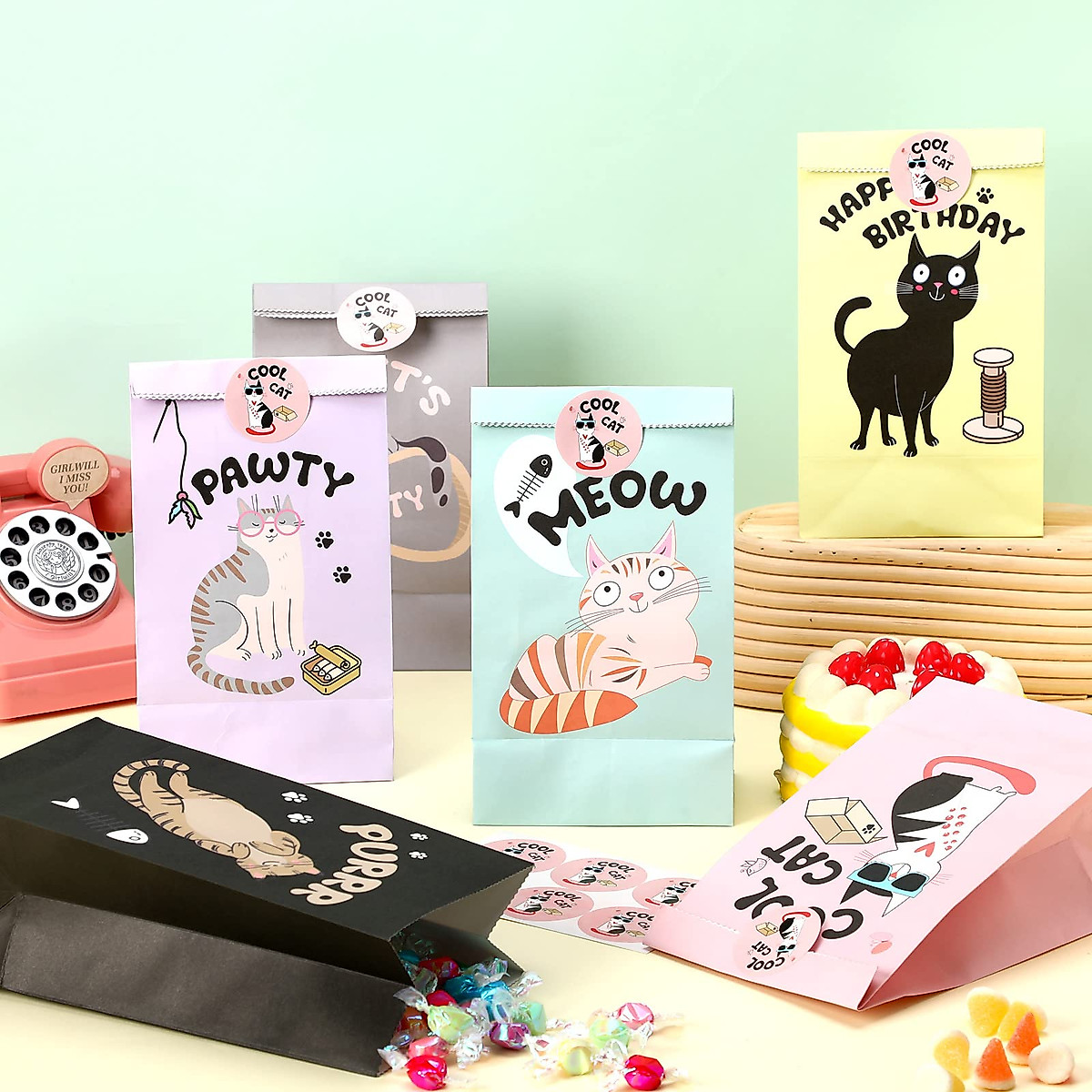 24 Pcs Cat Party Favor Bags Cat Goodie Bag Kitty Candy Treat Bags with Stickers for Kids Birthday Pet Cat Theme Party Decoration Supplies Favors, 8.6 x 4.7 x 3.1 Inches