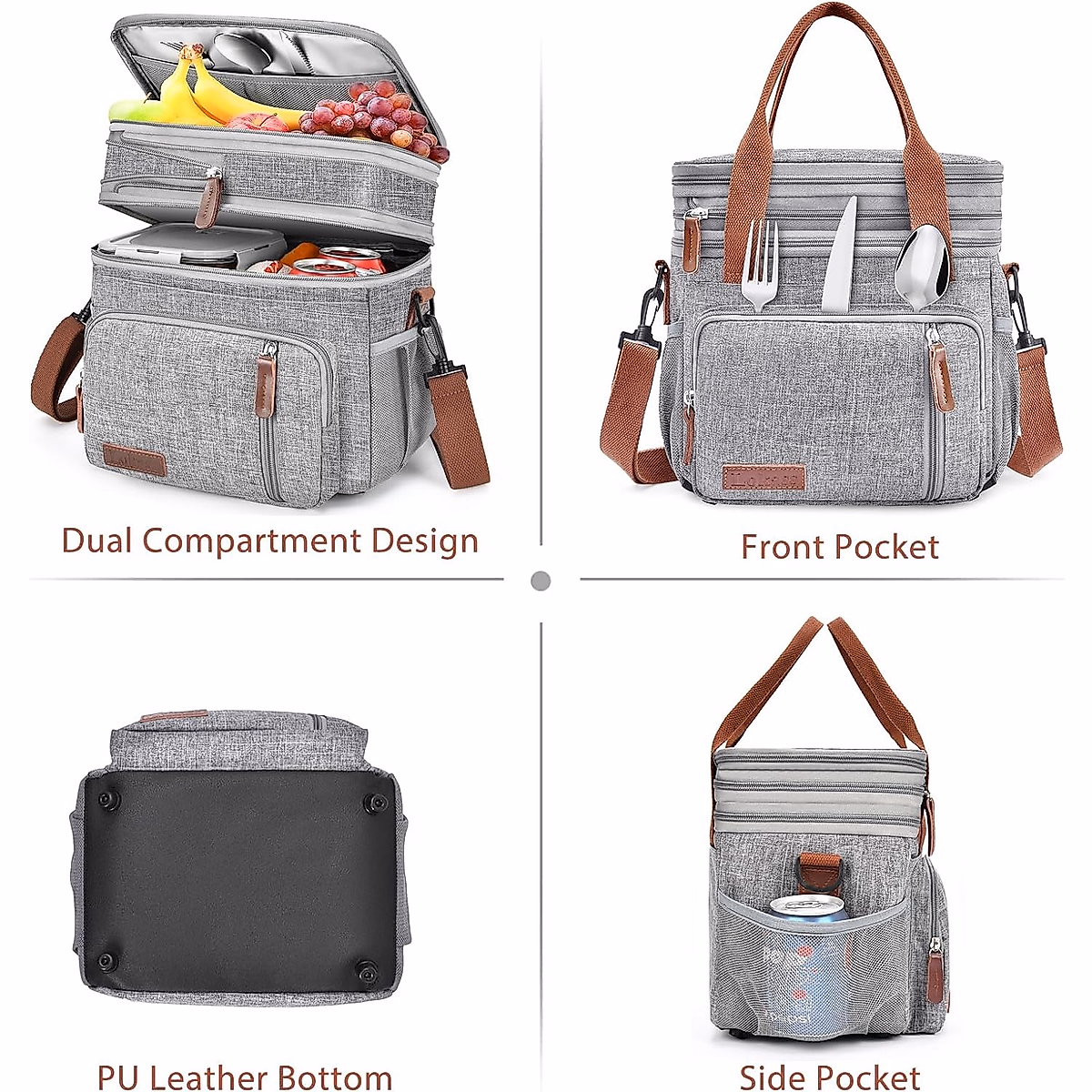 LOKASS Lunch Bag for Women/Men Work, 16L Expandable Double Deck Lunch box, Waterproof Leak-proof Cooler Bag, Portable Meal Prep Lunchbag with Adjustable Shoulder Strap-Grey