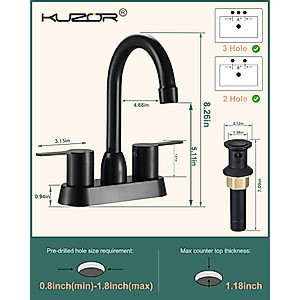 KUZOR Centerset Bathroom Faucets 2 Handle 3 Hole Bathroom Sink Faucet Matte Black Bathroom Faucet 4 Inch Swivel Spout with Pop Up Drain and Water Supply Hoses